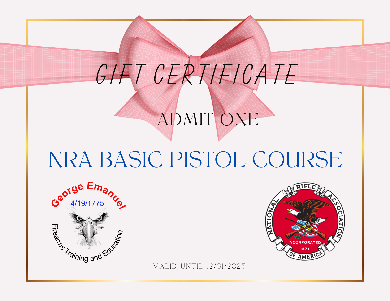 Gift Certificates NRA Basic Pistol | George Emanuel Firearms Training ...